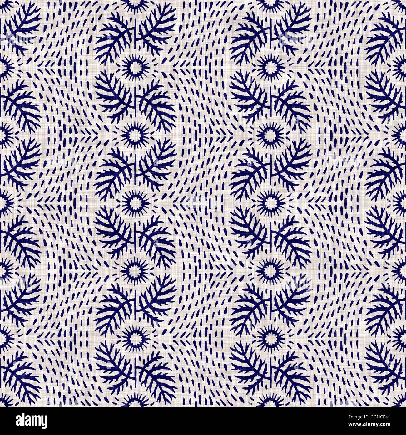 Indigo blue flower block print dyed linen texture background. Seamless ...