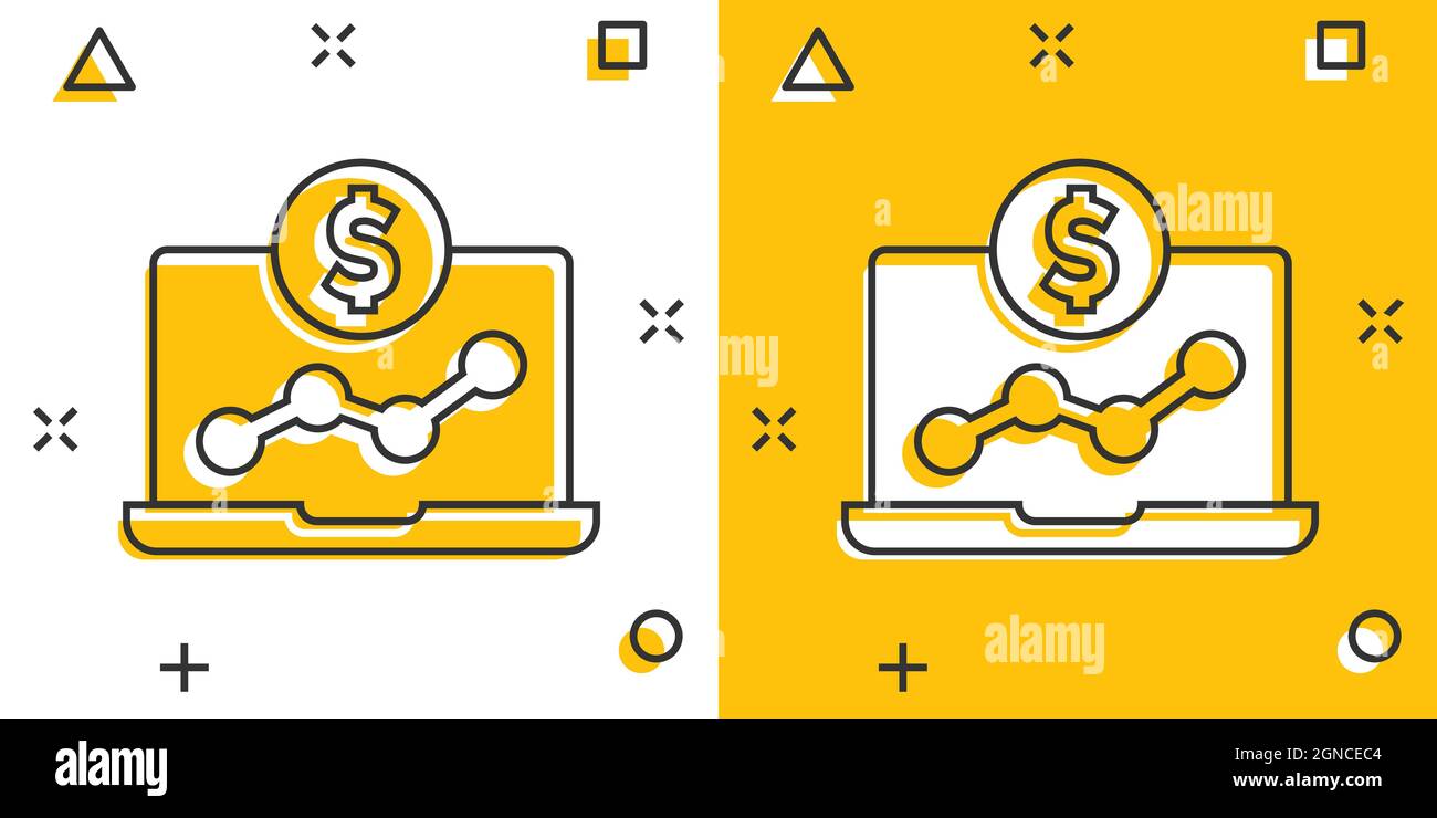 Laptop computer chart icon in comic style. Money diagram cartoon vector ...