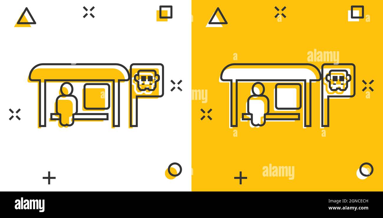 Bus station icon in comic style. Auto stop cartoon vector illustration ...