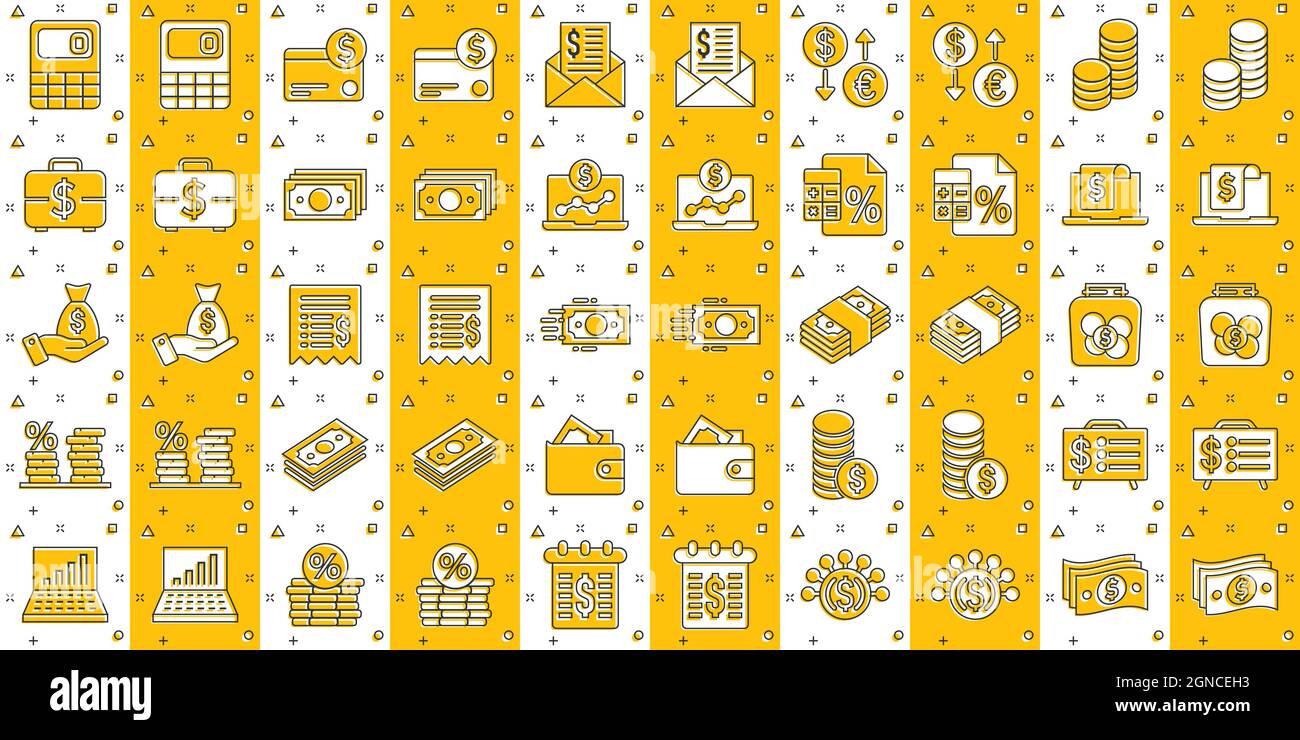 Money finance icon set in comic style. Payment cartoon vector ...