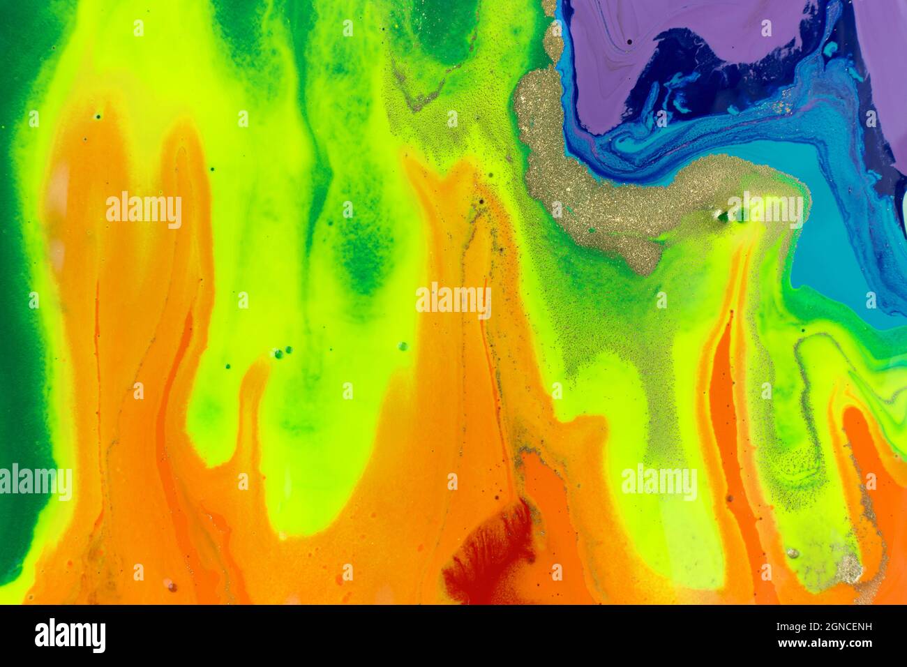 Rainbow liquid acrylic mixed ink texture with gold dust Stock Photo - Alamy