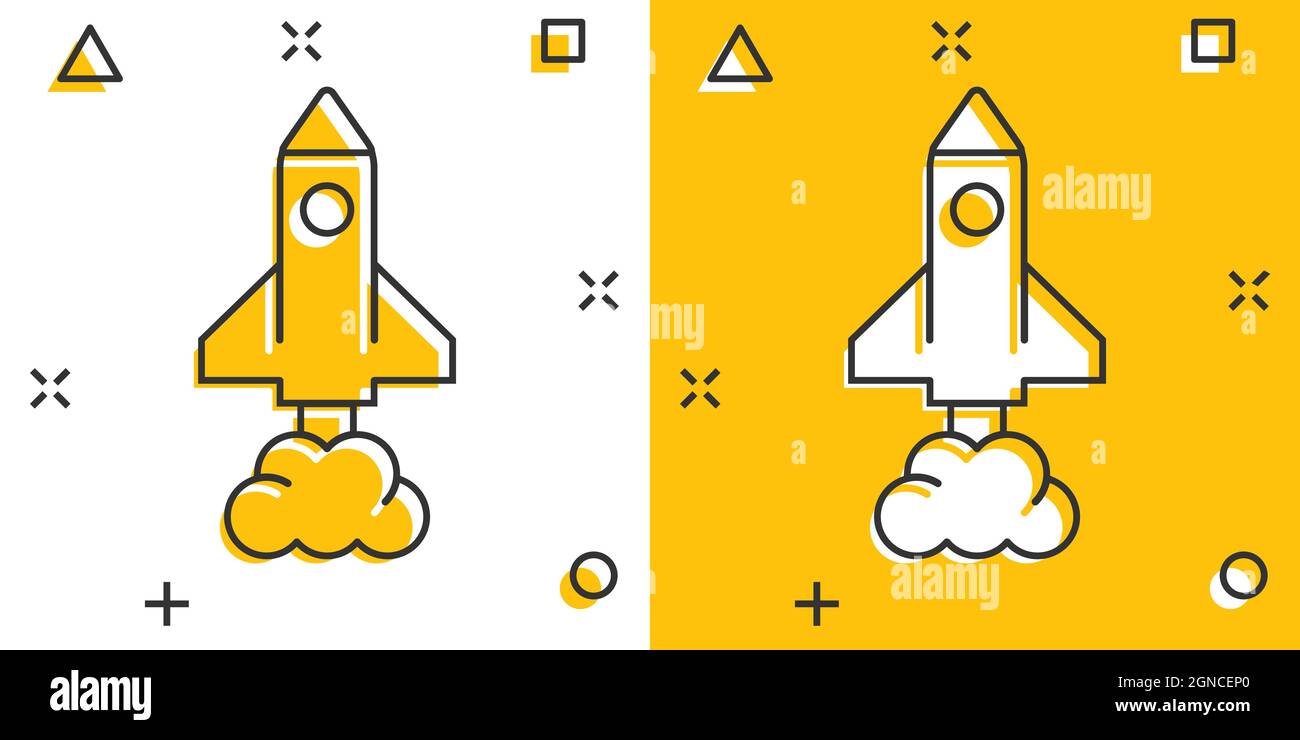 Rocket icon in comic style. Spaceship launch cartoon vector ...
