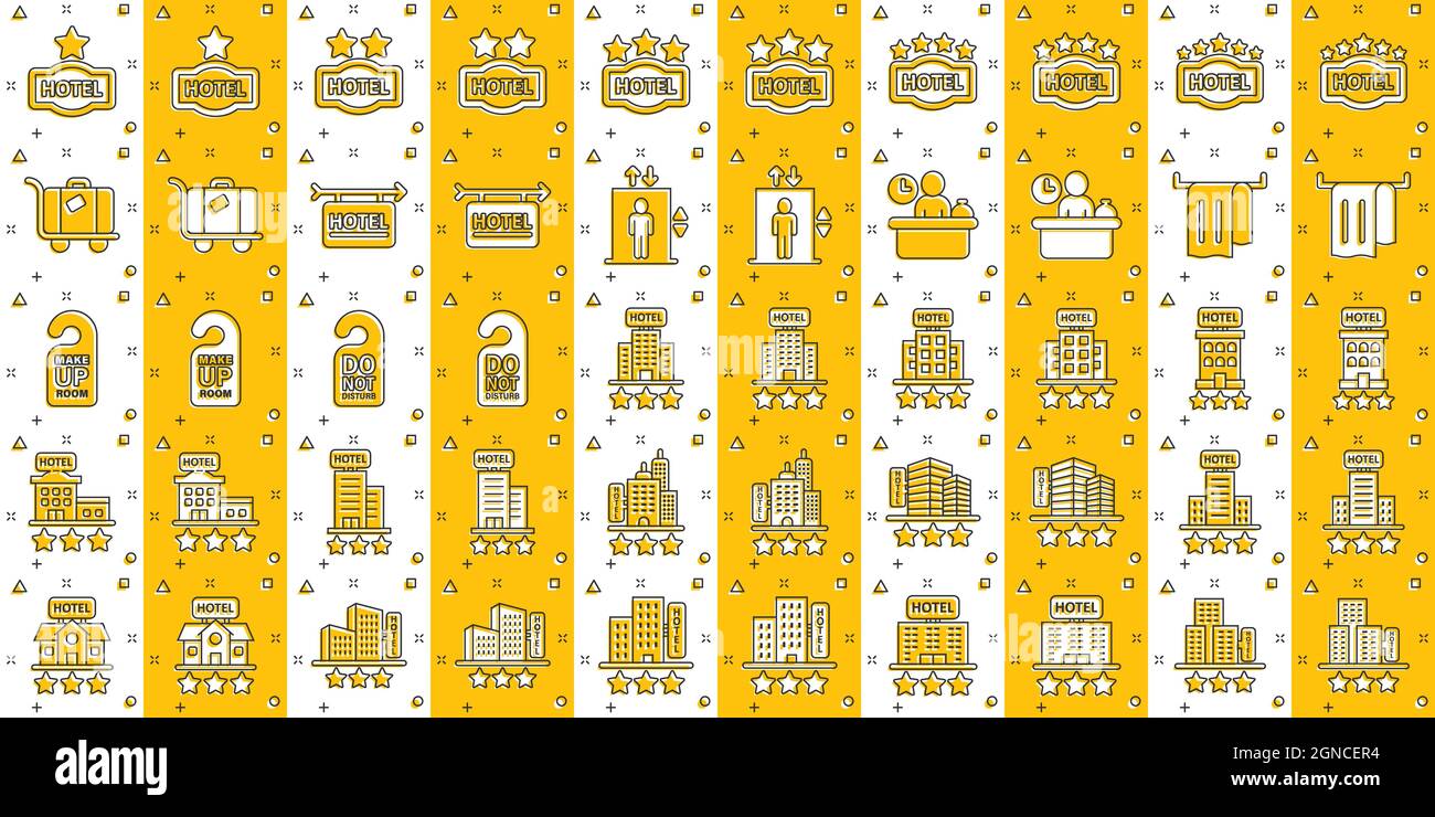 Hotel icon set in comic style. Booking cartoon vector illustration on ...