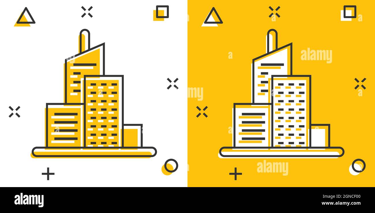 Building icon in comic style. Town skyscraper apartment cartoon vector ...