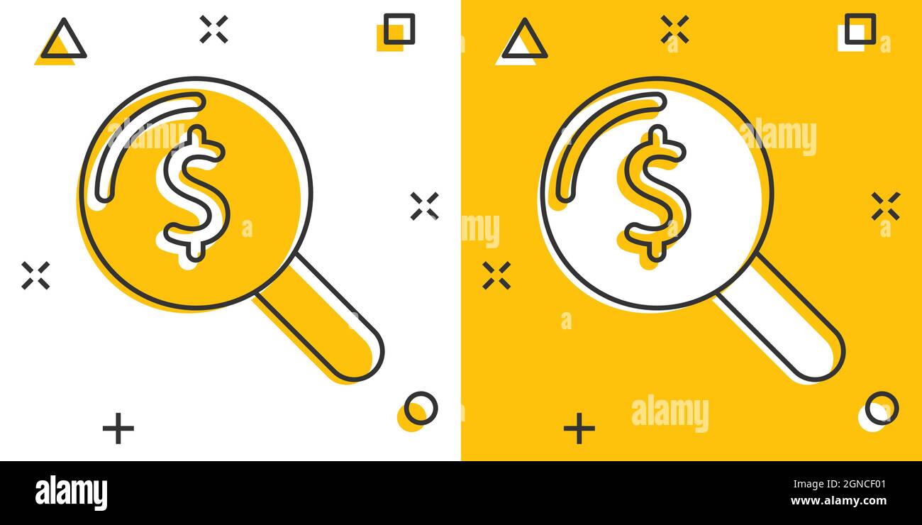 Magnifier glass with money icon in comic style. Dollar search cartoon ...