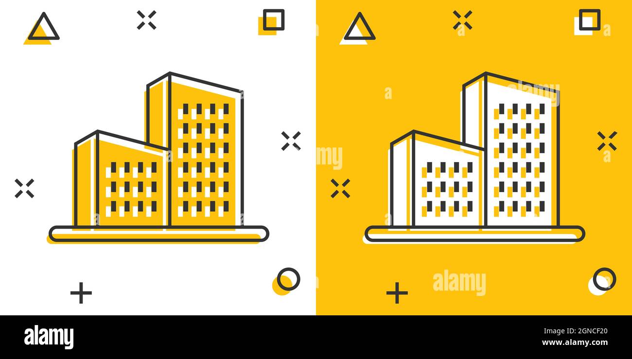 Building icon in comic style. Town skyscraper apartment cartoon vector ...