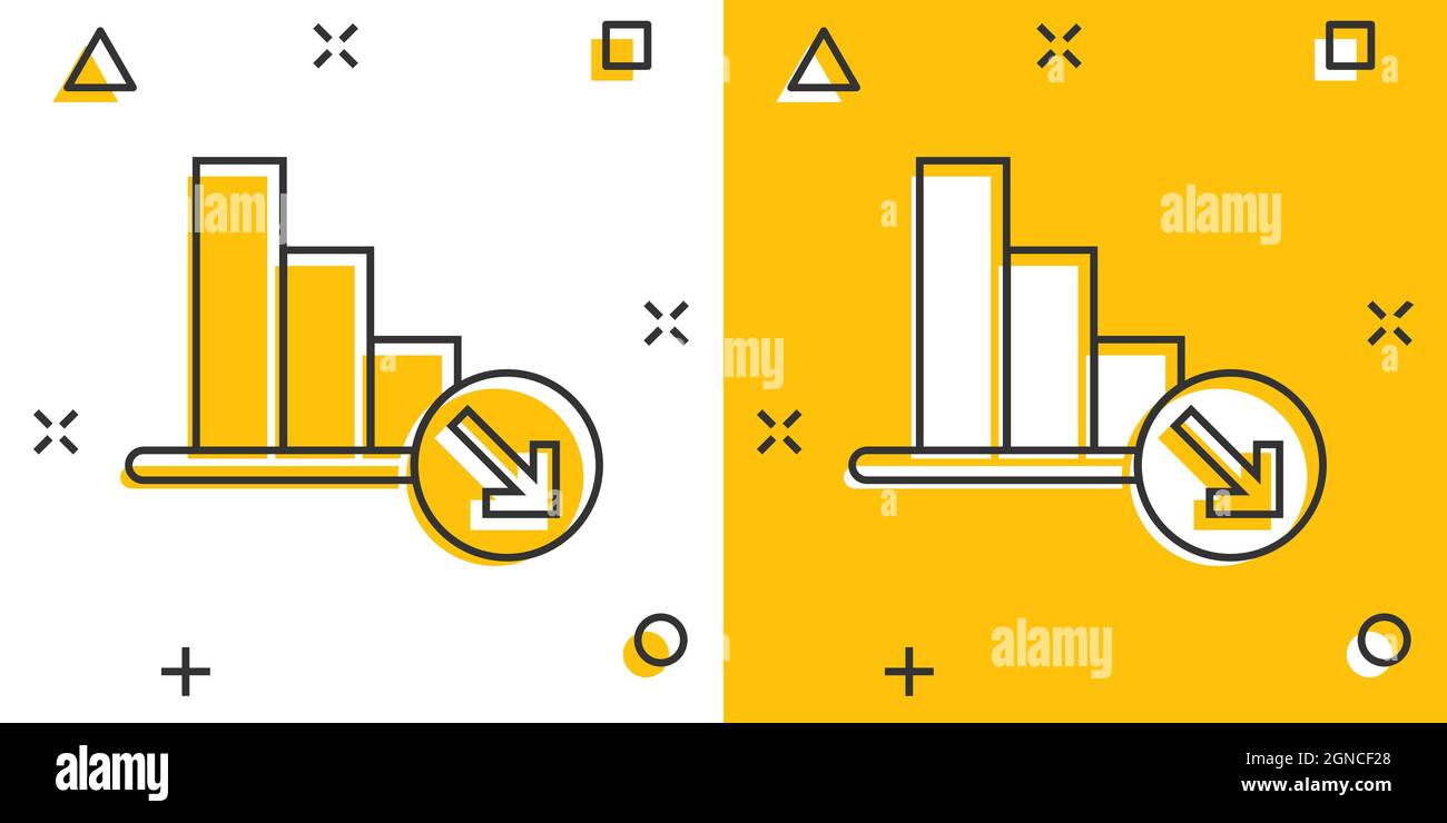 Market trend icon in comic style. Decline arrow with magnifier cartoon ...