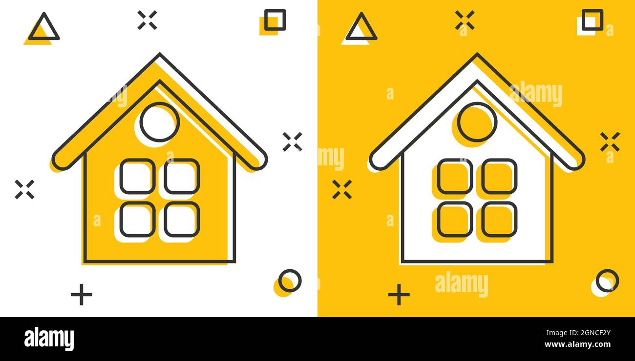 Building icon in comic style. Home cartoon vector illustration on white ...