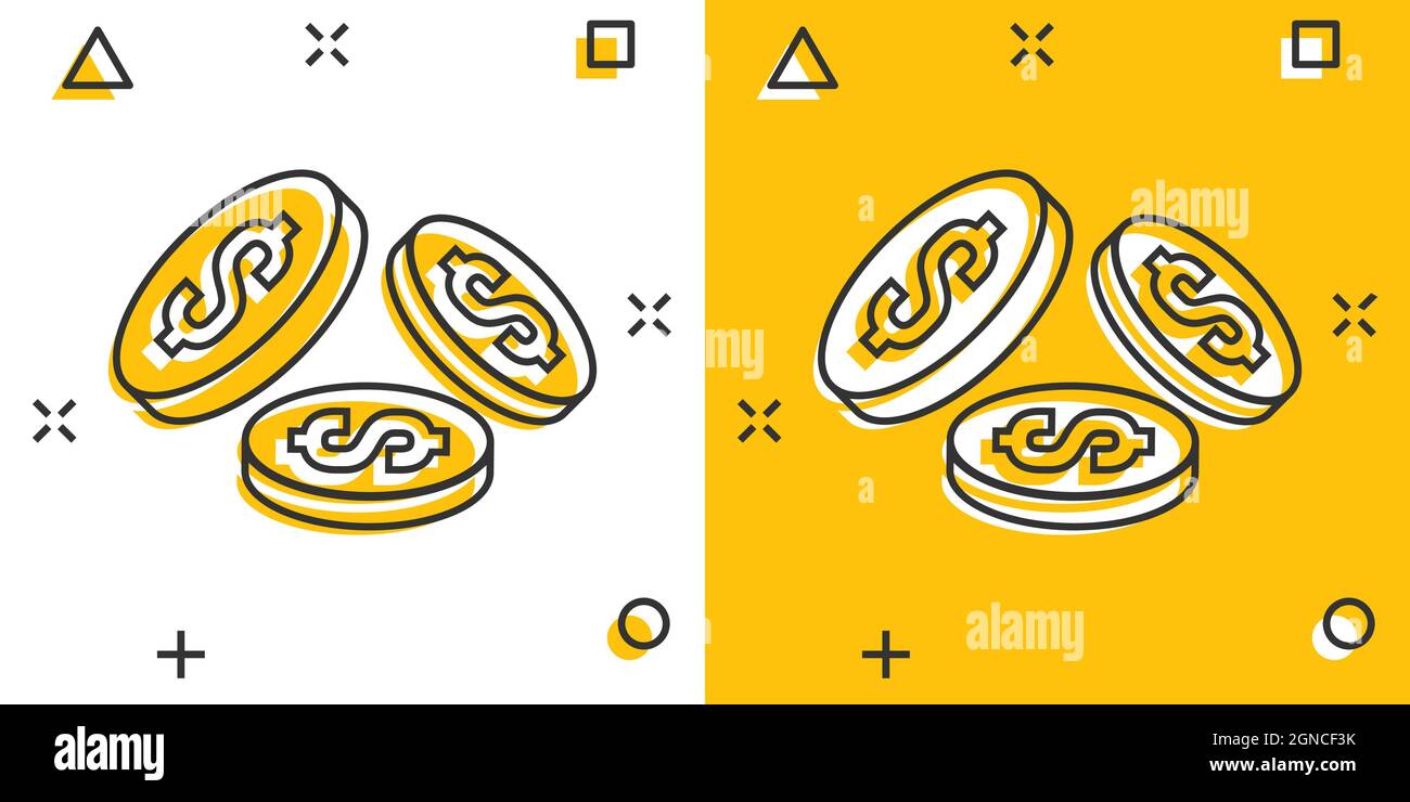 Coins stack icon in comic style. Dollar coin cartoon vector ...