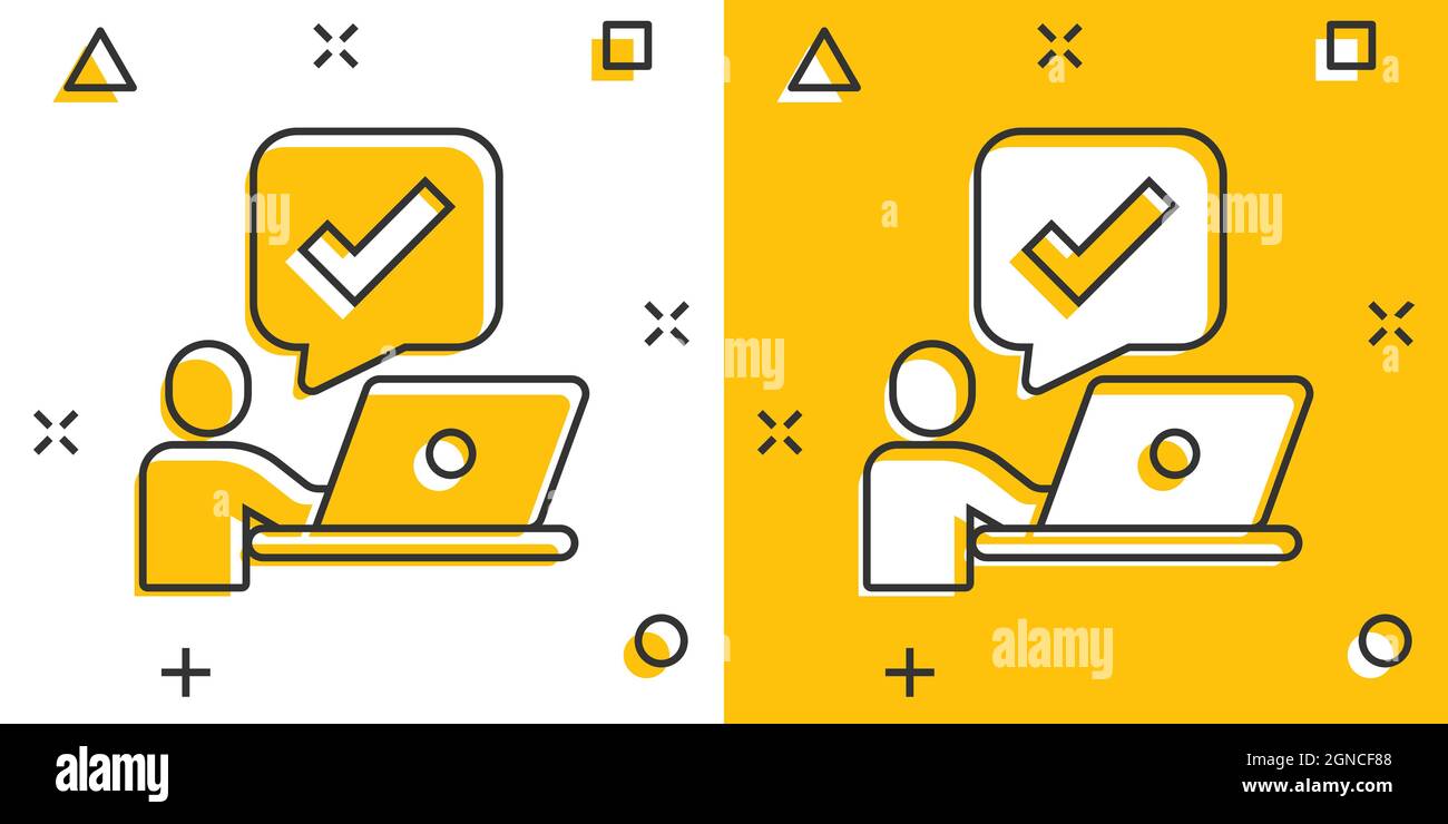 People with laptop computer icon in comic style. Pc user check mark ...