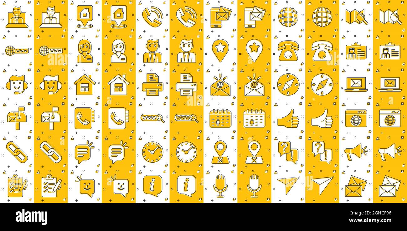 Contact us icon set in comic style. Mobile communication cartoon vector ...