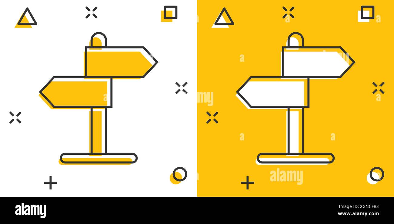 Crossroad signpost icon in comic style. Road direction cartoon vector ...