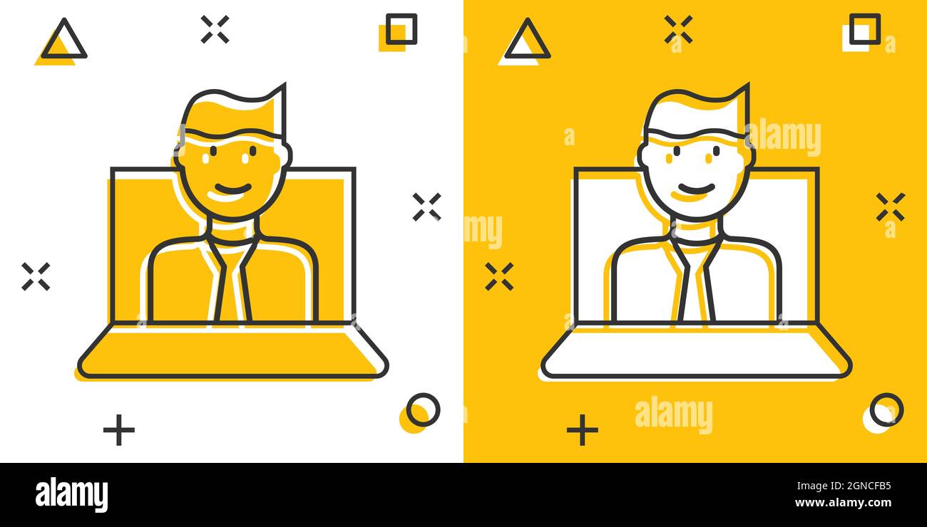 People with laptop computer icon in comic style. Pc user cartoon vector ...