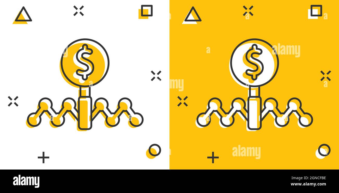 Magnifier glass with money icon in comic style. Dollar search cartoon ...