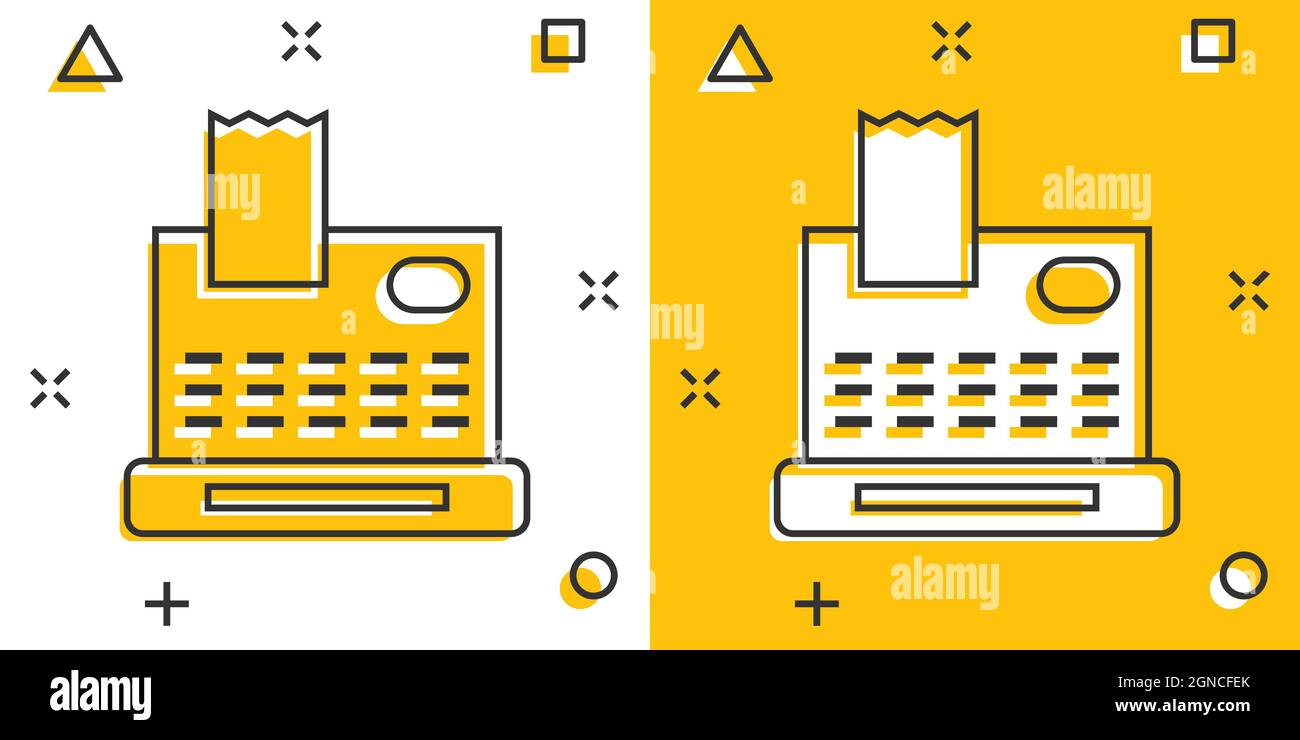 Cash register icon in comic style. Check machine cartoon vector ...