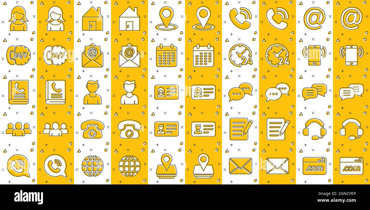 Contact icon set in comic style. Phone communication cartoon vector ...