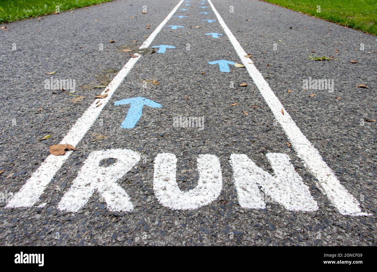 A direction arrows with RUN instruction on asphalt road Stock Photo - Alamy