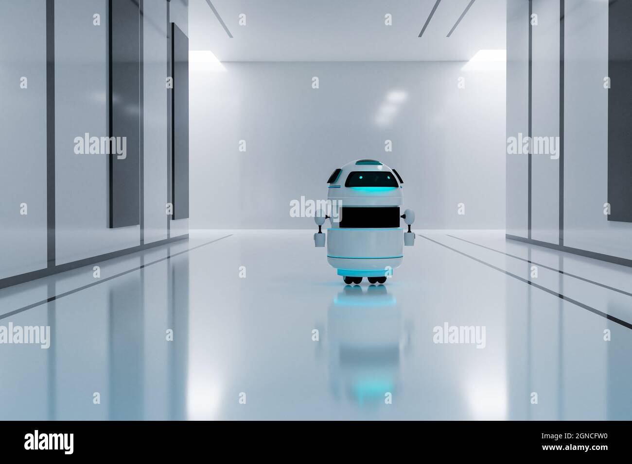 White robot in white modern room, 3D illustrations rendering Stock ...