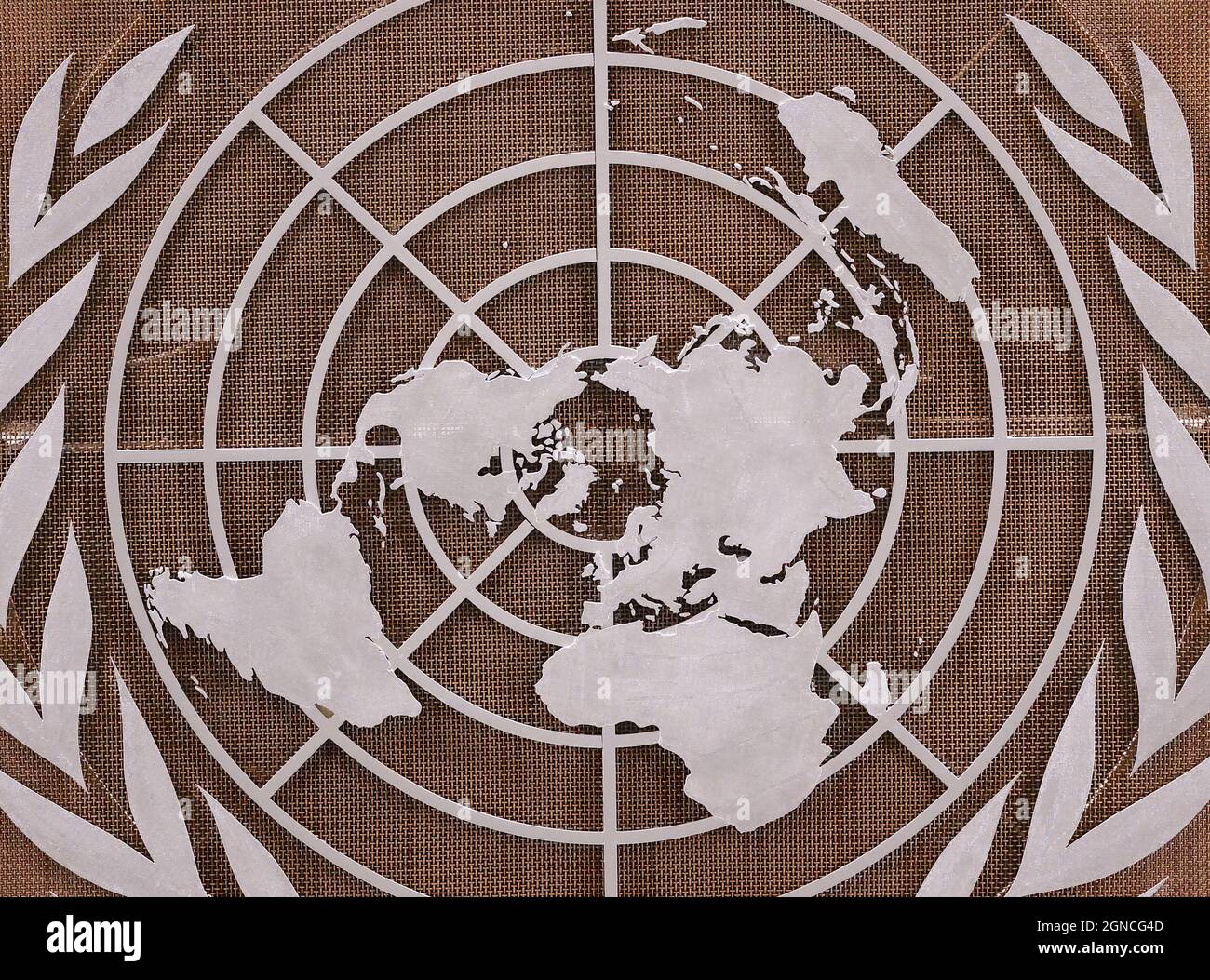 New York, USA. 24th Sep, 2021. The UN emblem hangs above the podium in ...