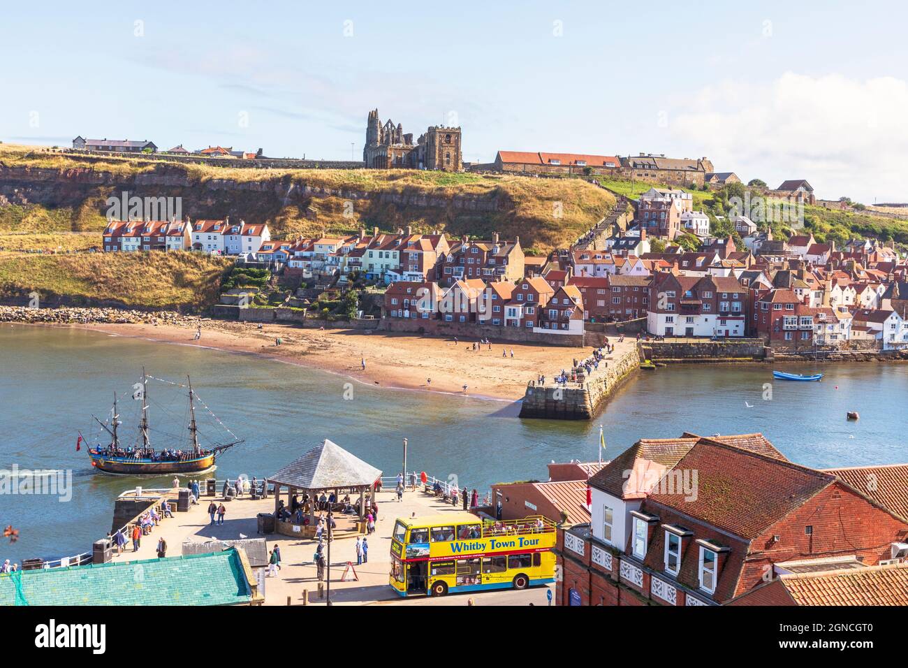 View south over Whitby harbour and the river Esk towards Whitby abbey ...