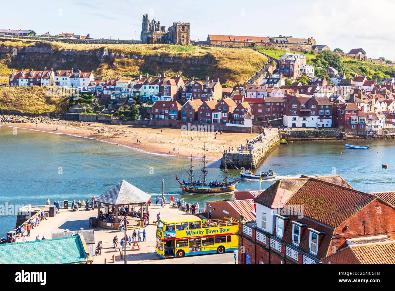 View south over Whitby harbour and the river Esk towards Whitby abbey ...