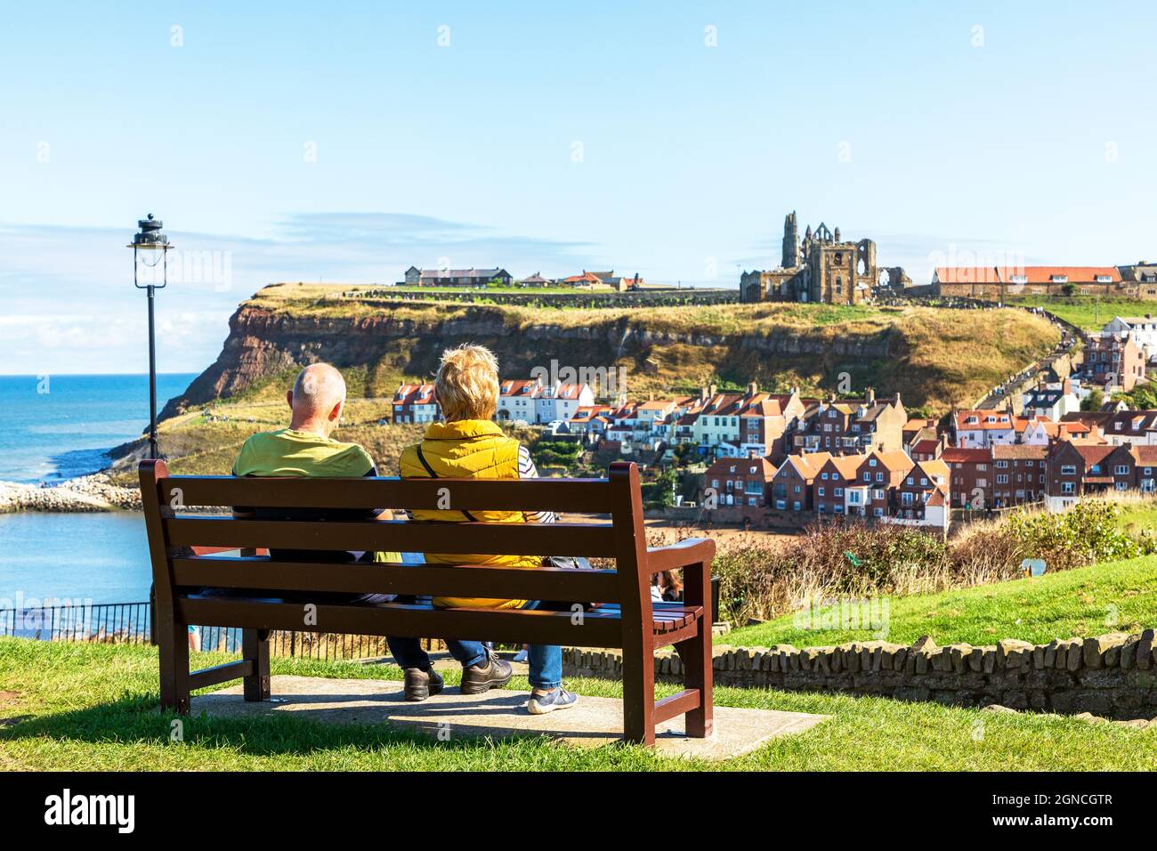 View south over Whitby harbour and the river Esk towards Whitby abbey ...