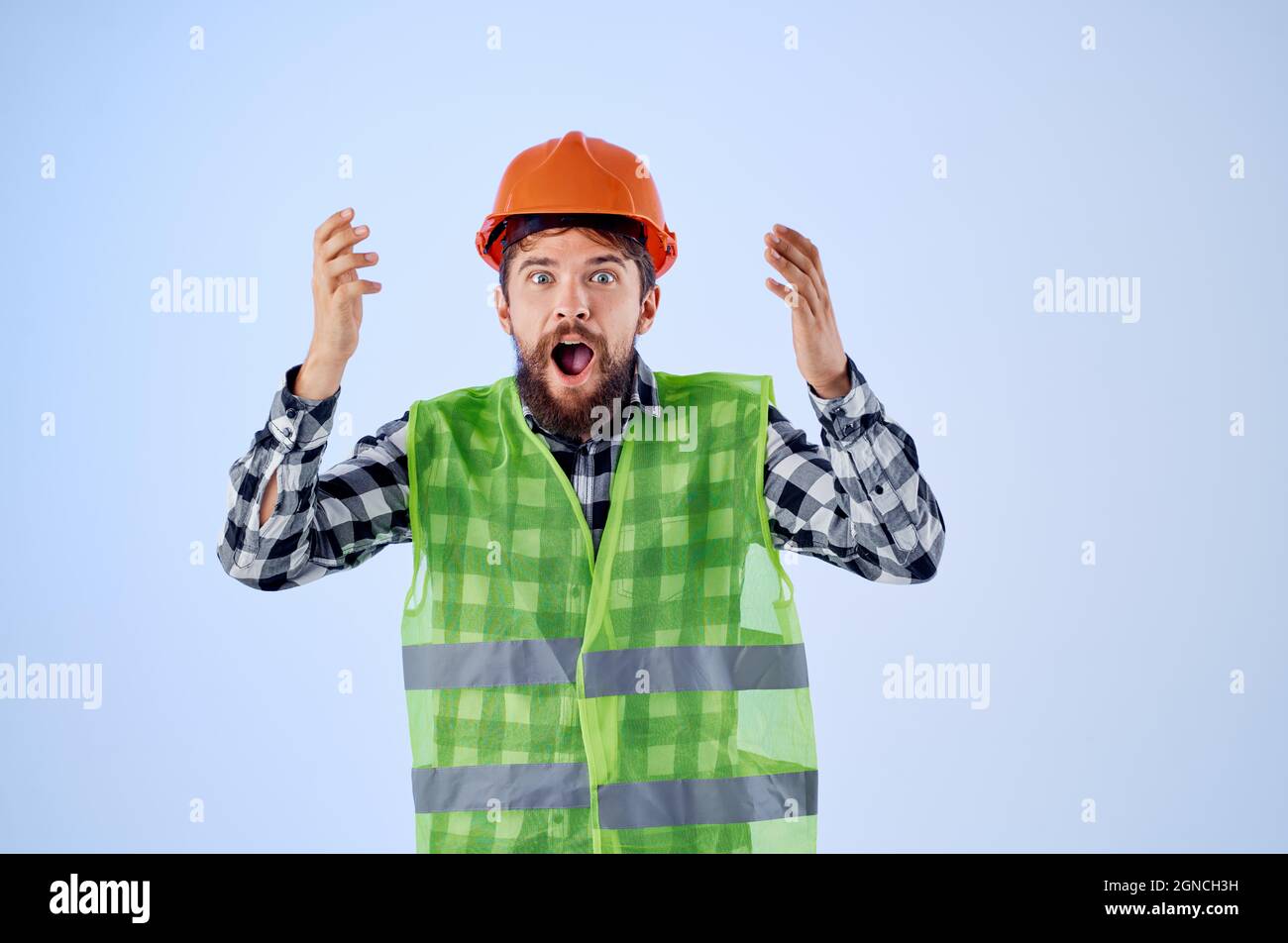 emotional man in working uniform construction building profession ...