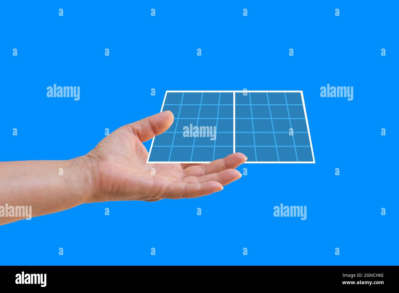 Green energy concept. Solar energy equipment on a hand. Closeup with ...