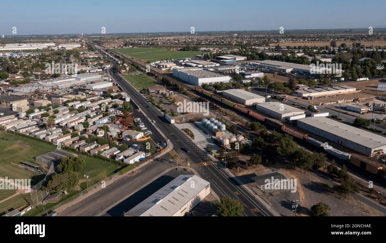 Sunset aerial view of the Central Valley city of Manteca, California ...