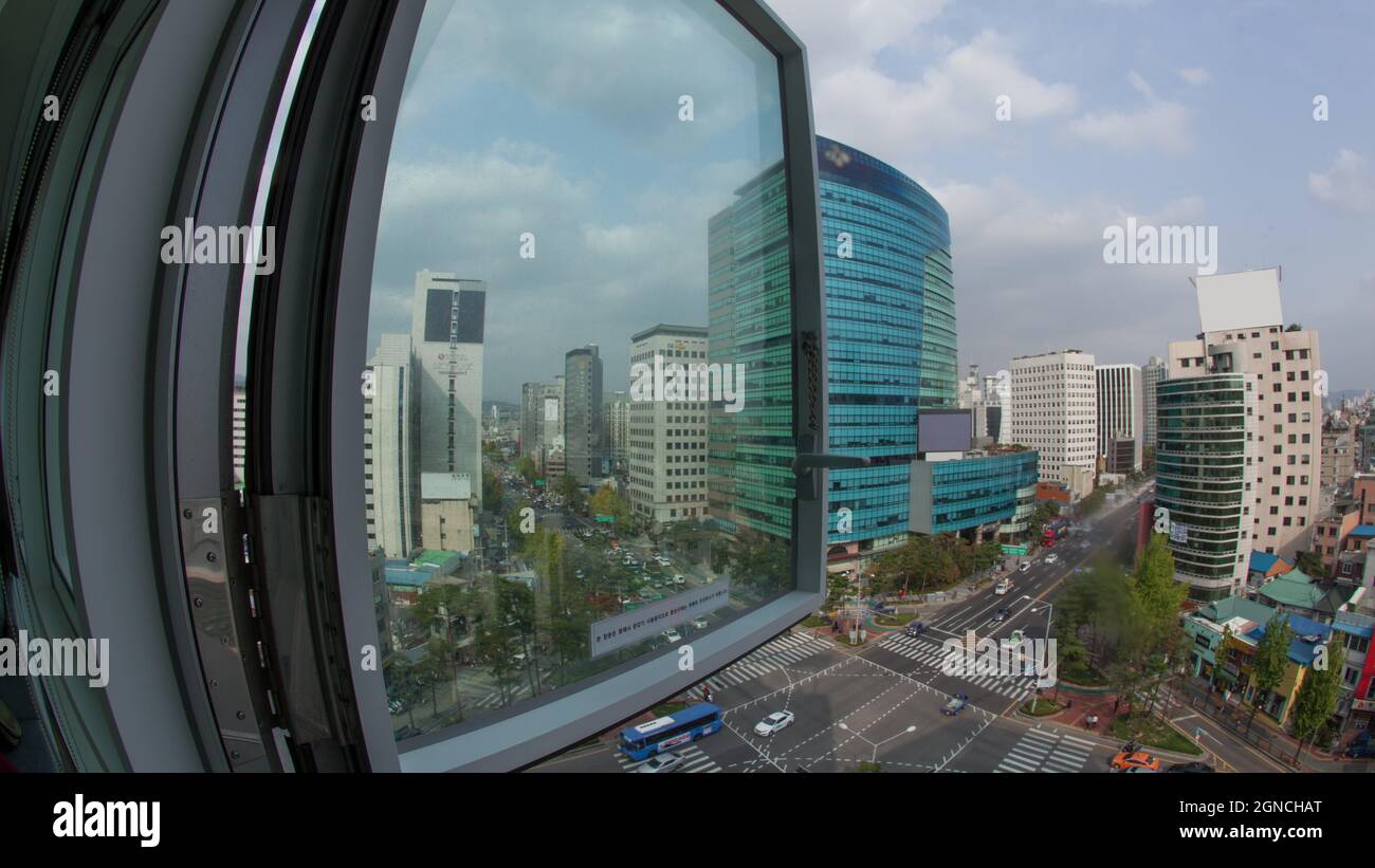 of car traffic on city streets Window view to Seoul in South Korea ...