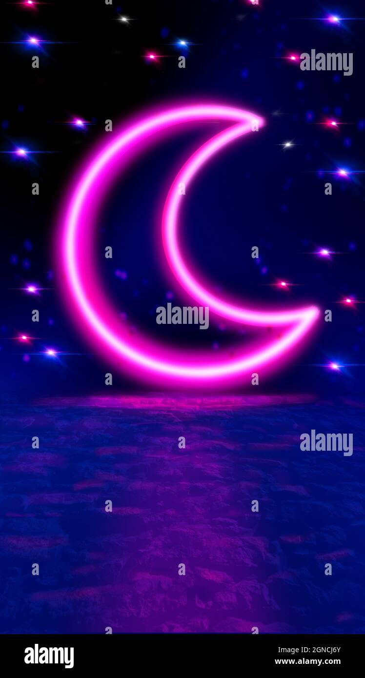 Reflection of neon light in the puddles of the night city. Neon moon in ...