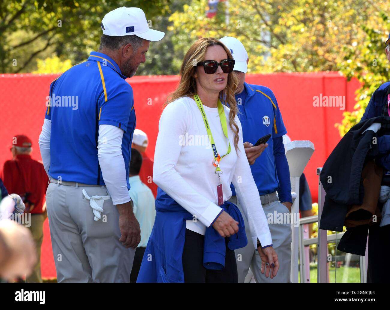 Team Europe's Lee Westwood (left) and his wife Helen Storey during day ...