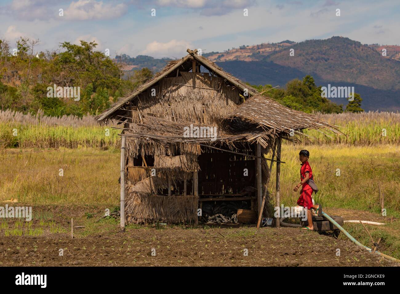 Shan State, Myanmar - Jan 05, 2020: A Burmese boy walking through the ...