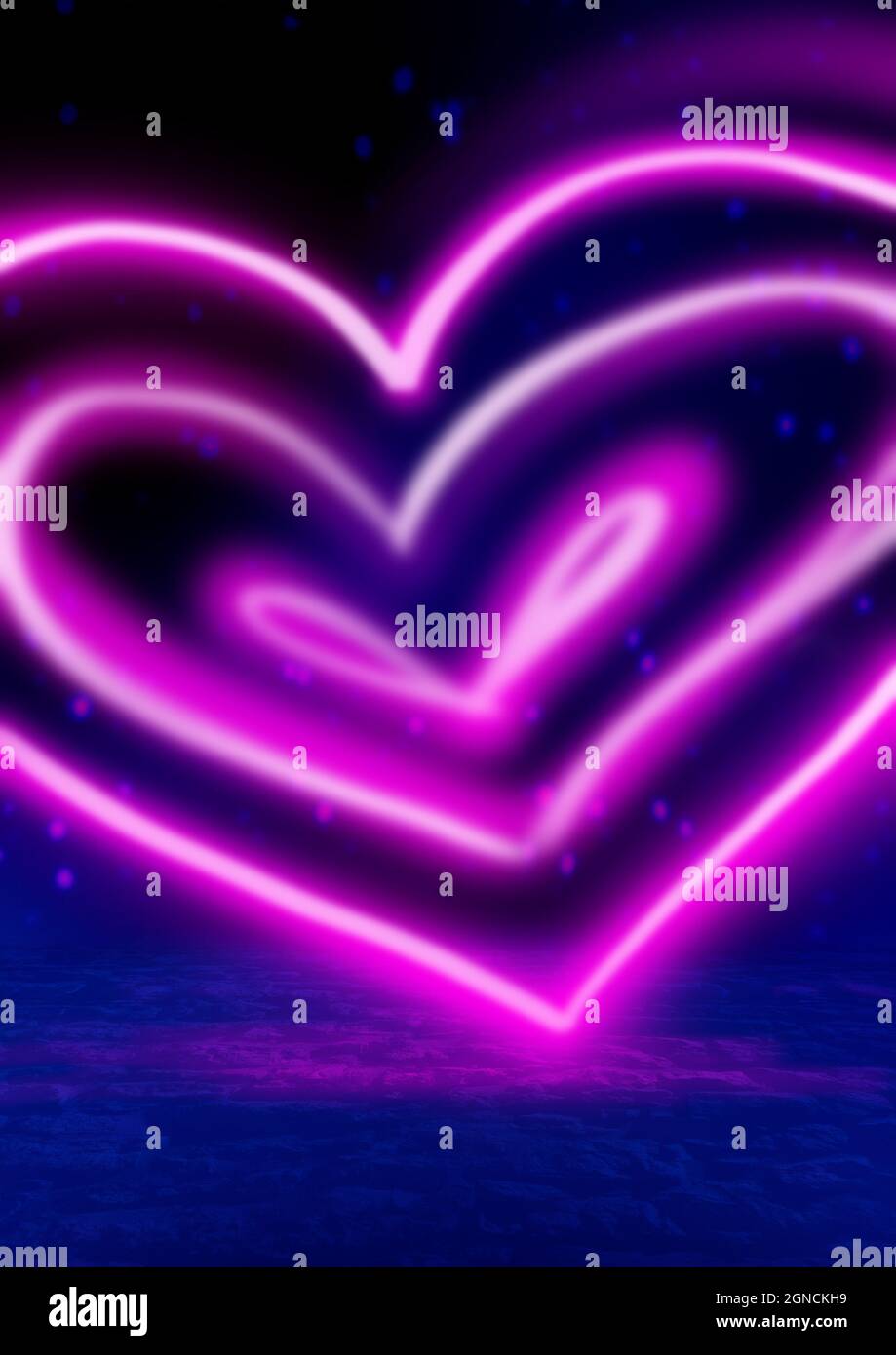 Neon heart. Glowing sign. Colorful neon poster. Circle shape with neon ...