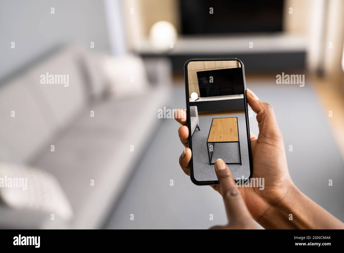 Virtual AR Mobile Phone App. Augmented Reality Furniture Stock Photo ...