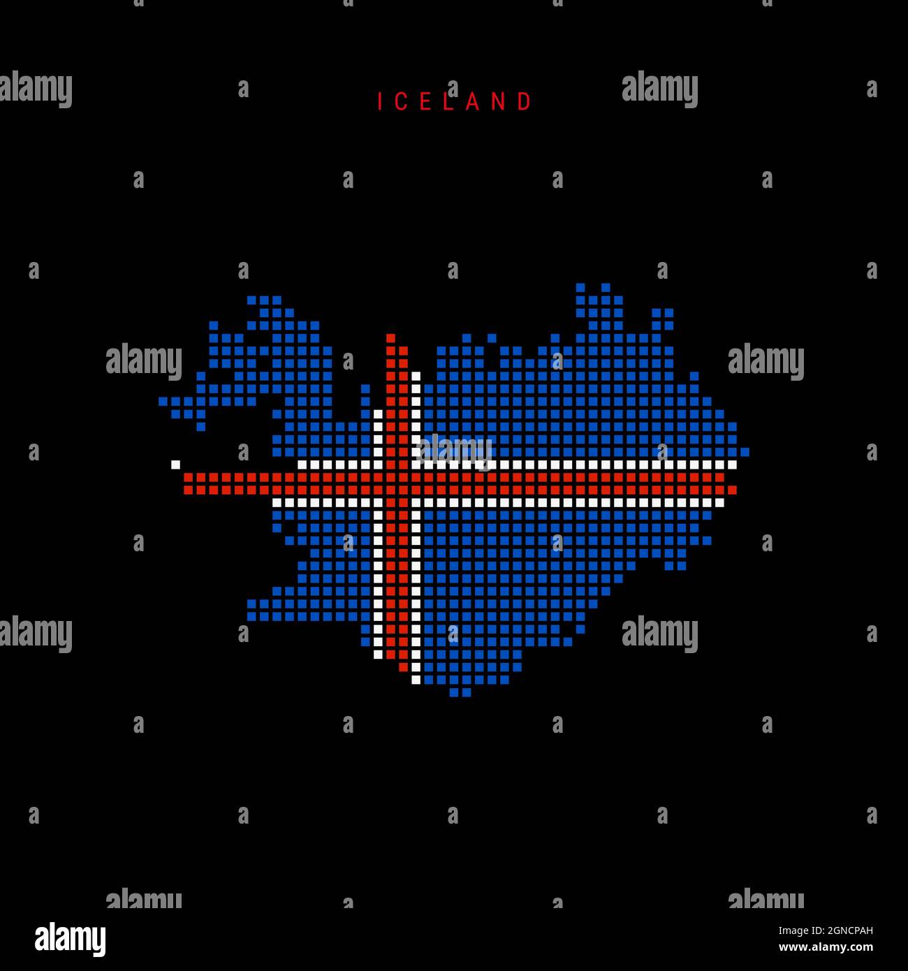 Square dots pattern map of Iceland. Dotted pixel map with national flag colors isolated on black ...