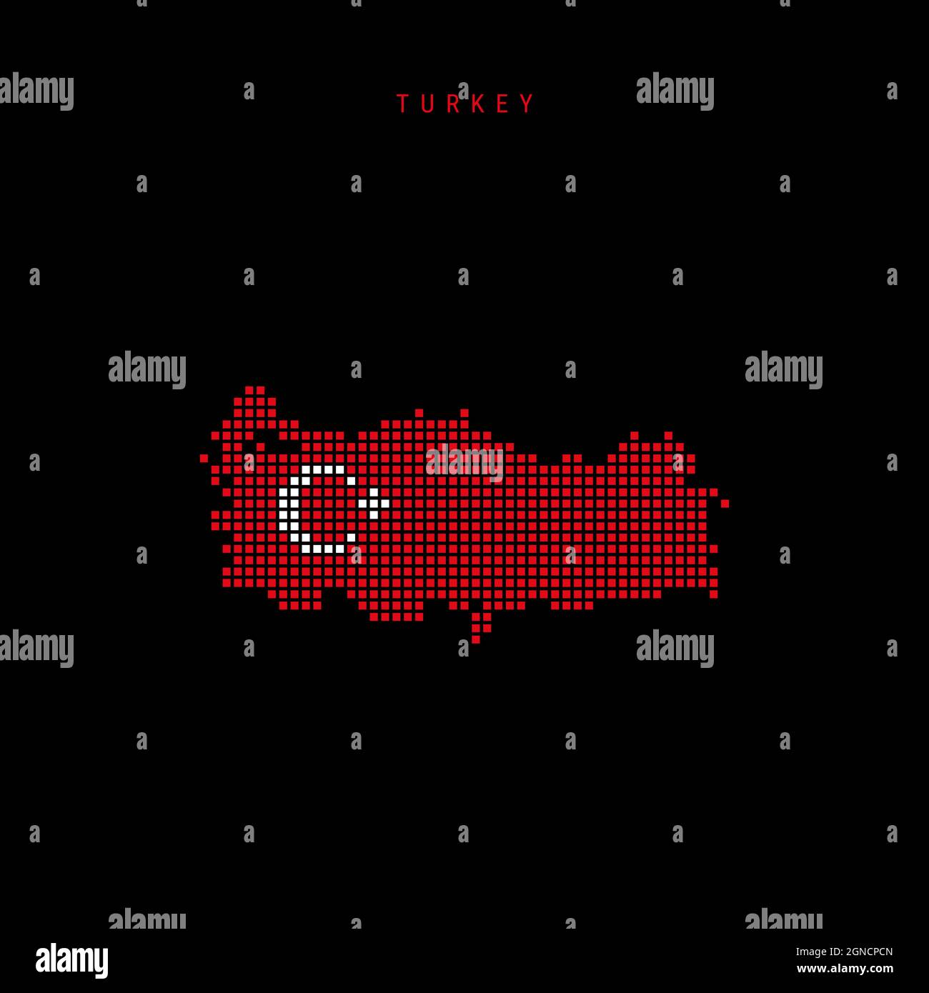 Square dots pattern map of Turkey. Dotted pixel map with national flag colors isolated on black ...