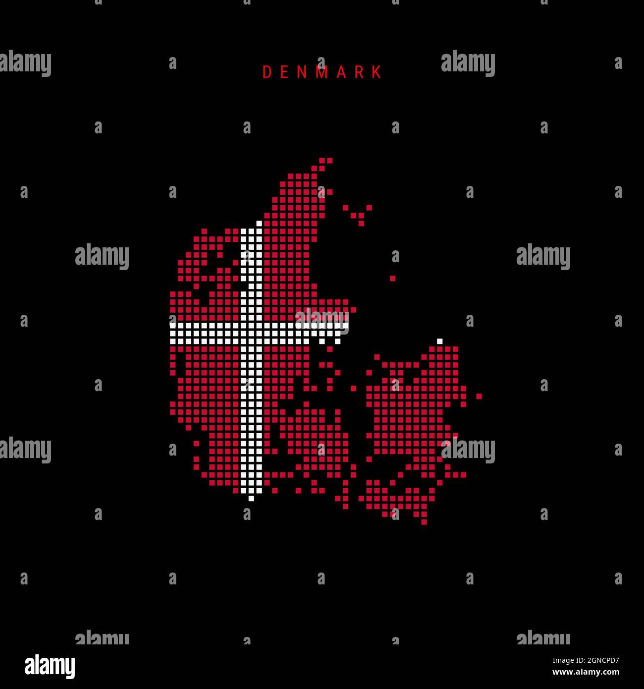 Square dots pattern map of Denmark. Dotted pixel map with national flag colors isolated on black ...