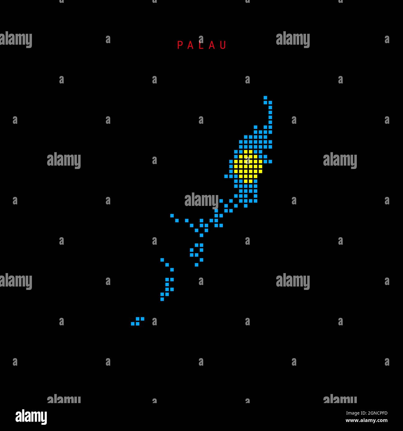 Square dots pattern map of Palau. Dotted pixel map with national flag colors isolated on black ...