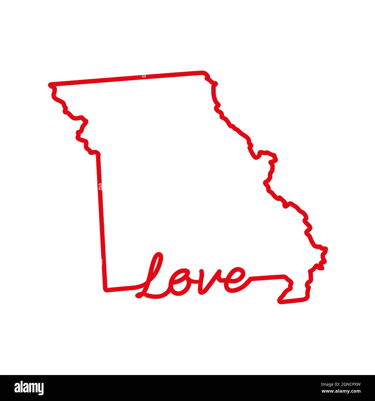 Missouri US state red outline map with the handwritten LOVE word ...