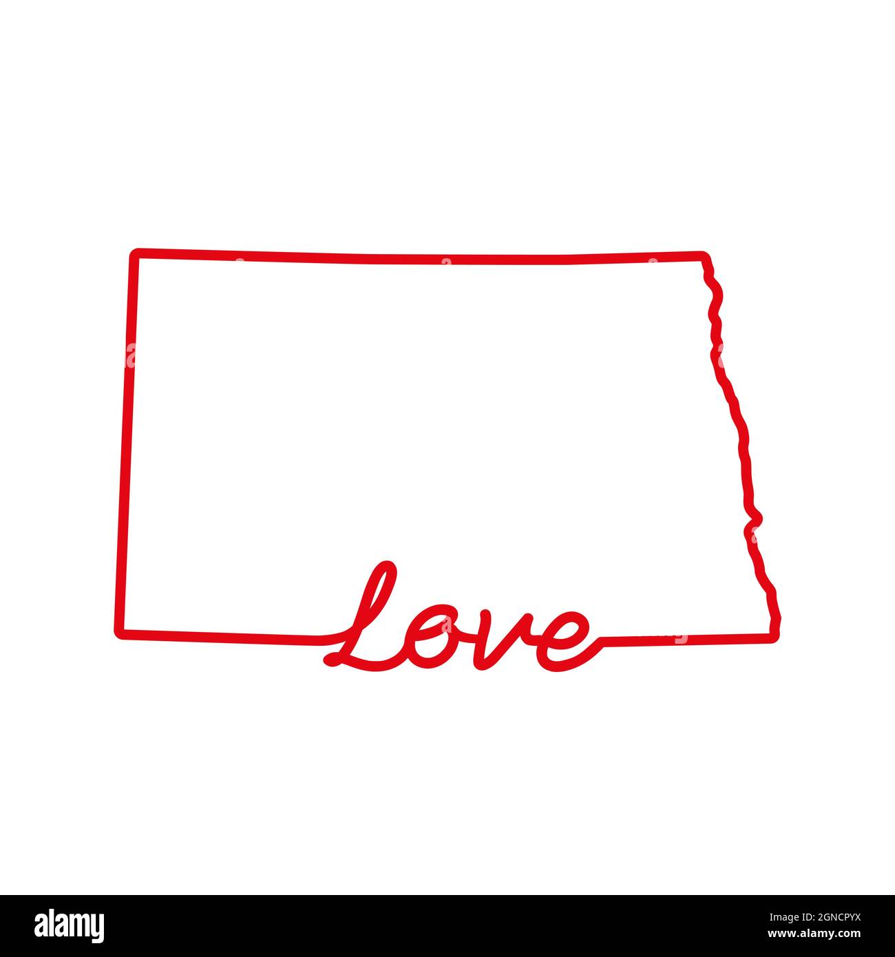 North Dakota US state red outline map with the handwritten LOVE word ...
