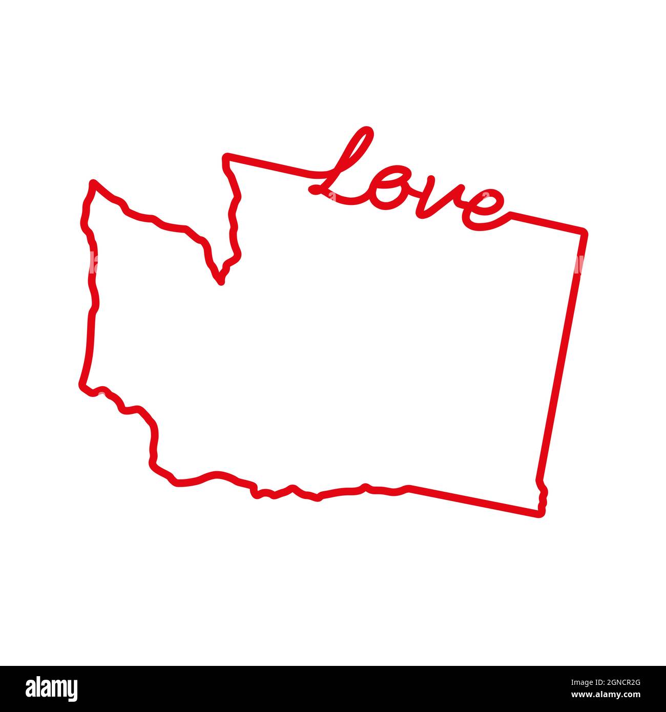 Washington US state red outline map with the handwritten LOVE word ...