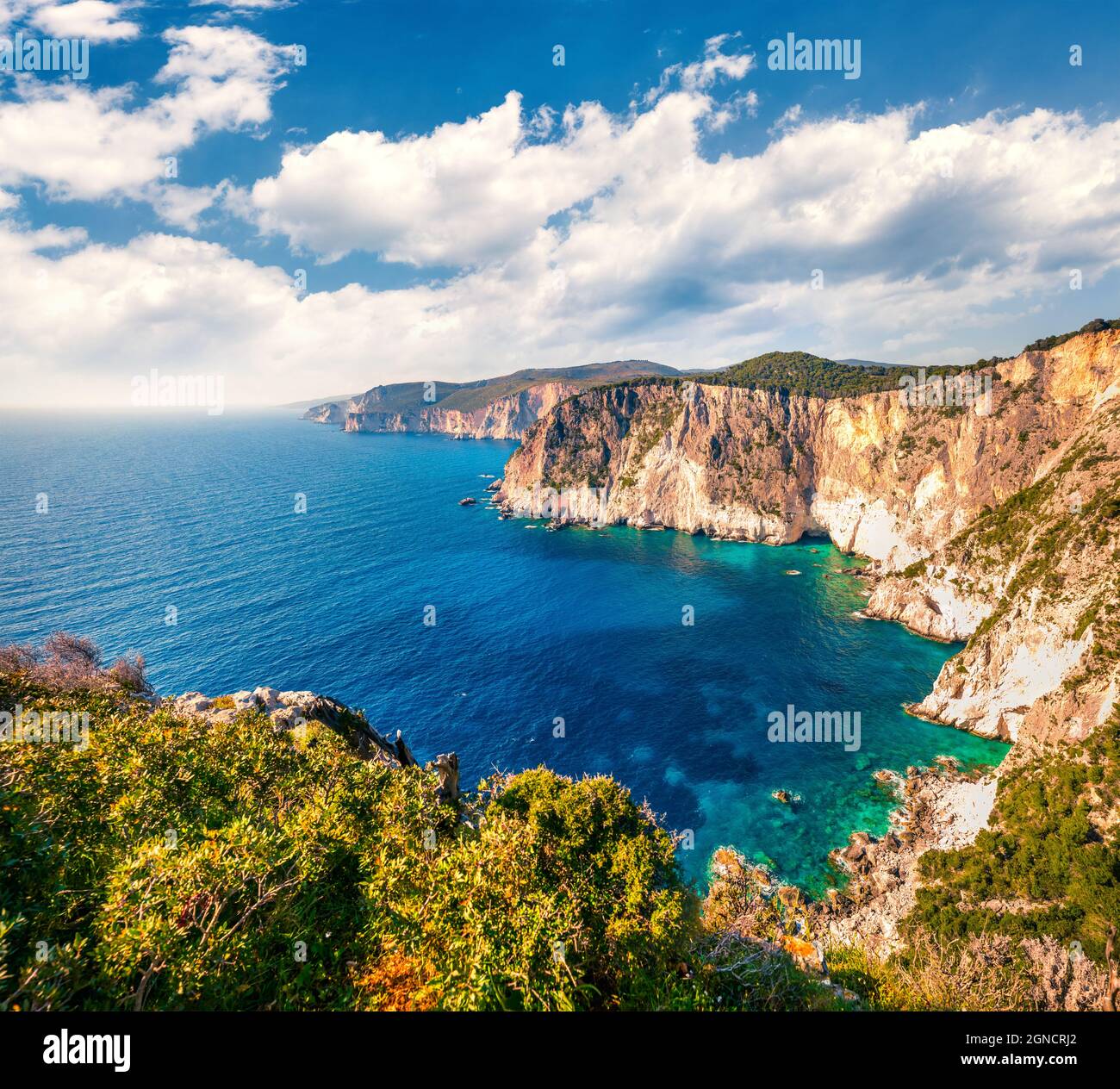 Aerial spring view of high cliffs on the Ionian Sea. Sunny morning ...