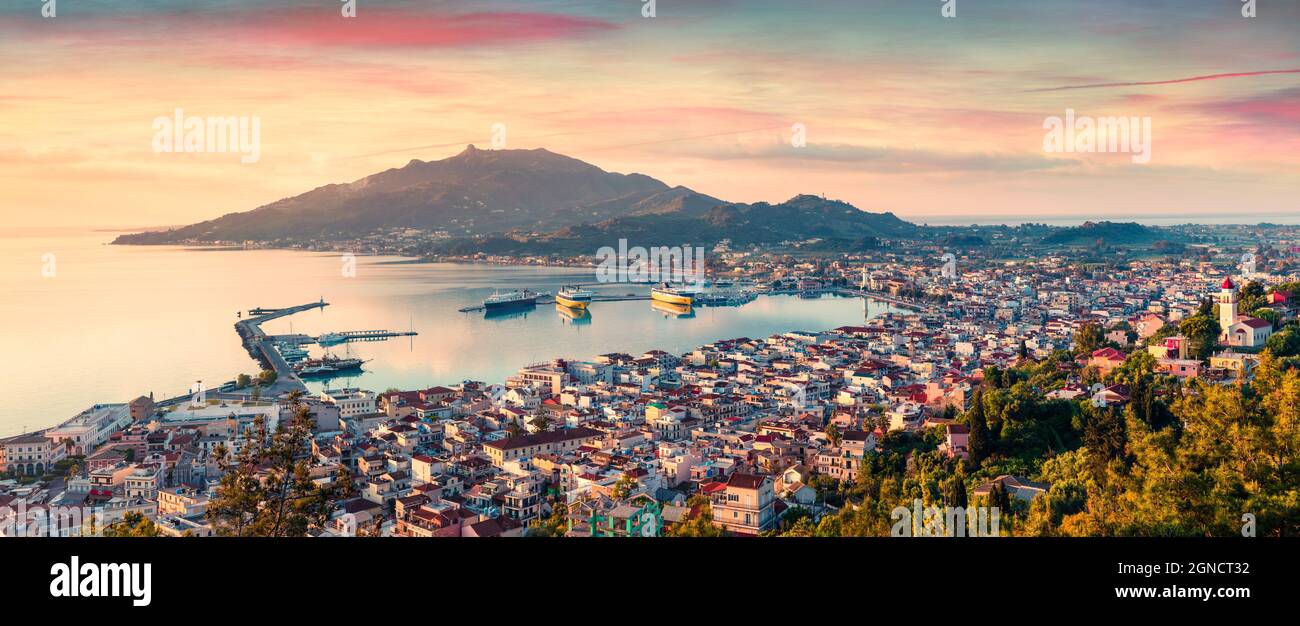 Aerial view of Zakynthos (Zante) town. Colorful spring sunrise on the ...