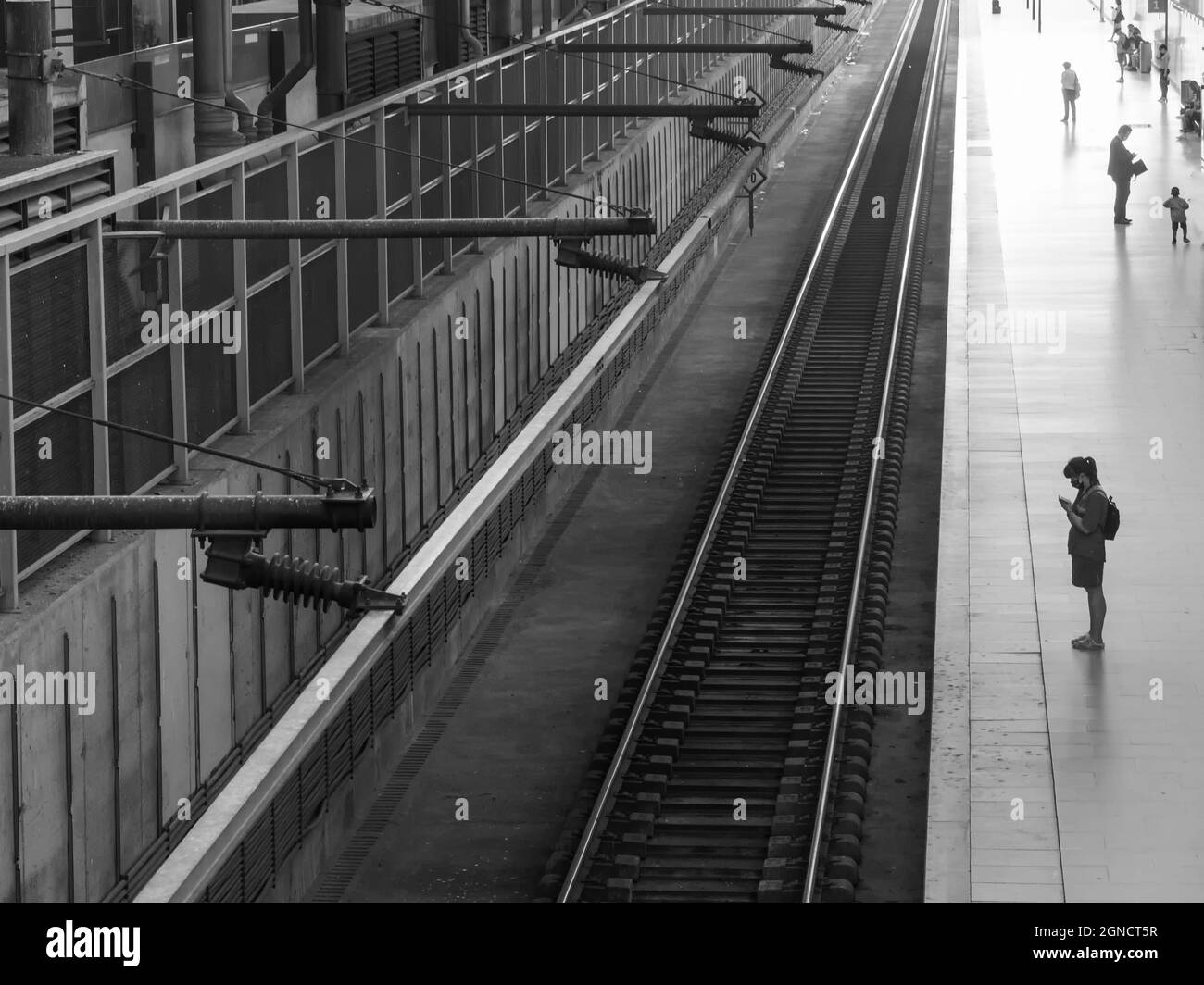 Madrid, Spain. June, 2021. Passengers waiting on the platform for the ...