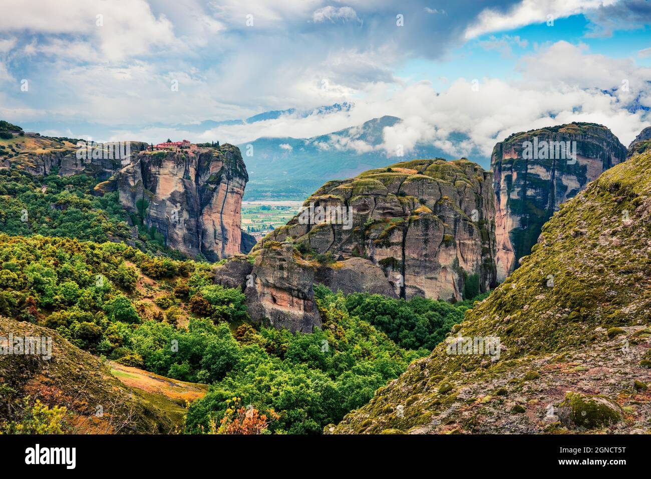 Sunny spring scene in Meteora, UNESCO World Heritage site. Collorful ...