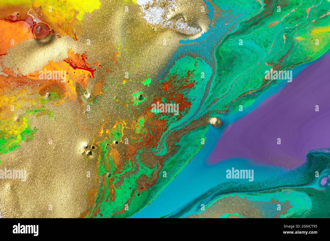 Gold spots on rainbow smudges of paint. Abstract pattern Stock Photo ...