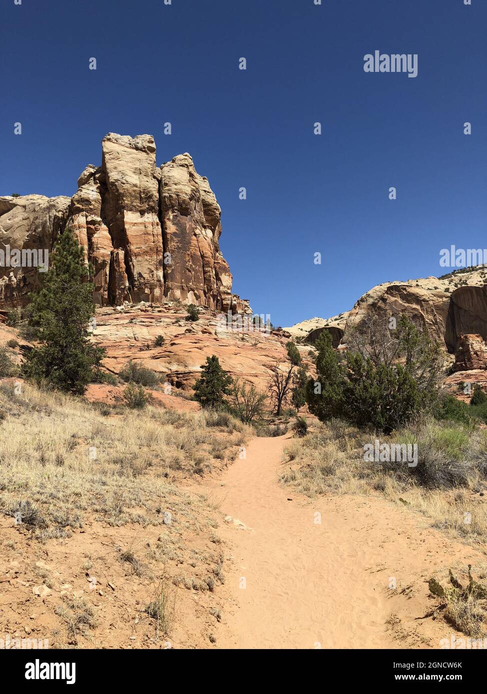 Vertical shot of huge sandstone rock formation under a blue clear sky ...