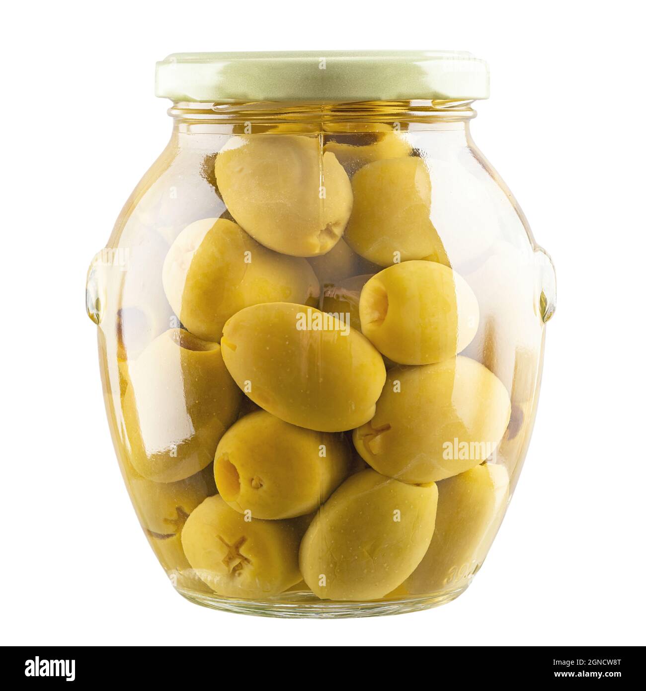 Glass jar of preserved olives on white background. File contains ...