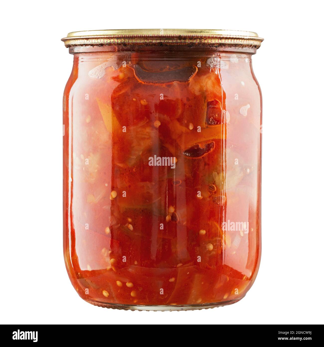 Glass jars with canned vegetables, lecho on white background. Homemade ...